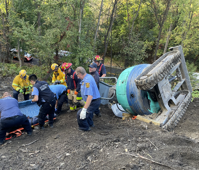 Police, Fire, and EMS Rescue Man Trapped Under Backhoe - Pittsburgh, PA
